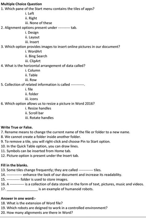 Computer Worksheet For Grade 4