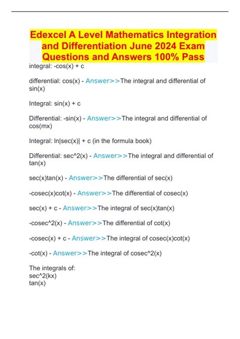 edexcel a level mathematics integration and differentiation june 2024