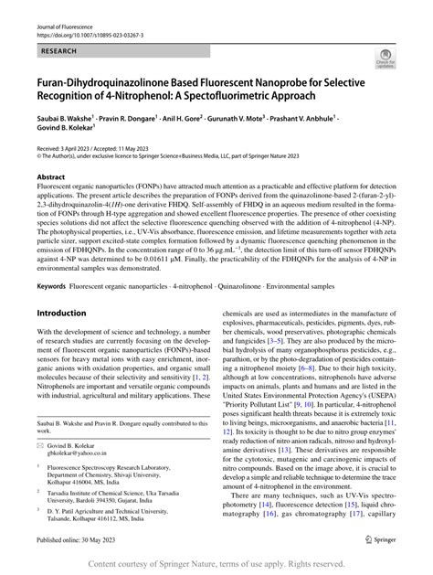 Furan Dihydroquinazolinone Based Fluorescent Nanoprobe For Selective Recognition Of 4