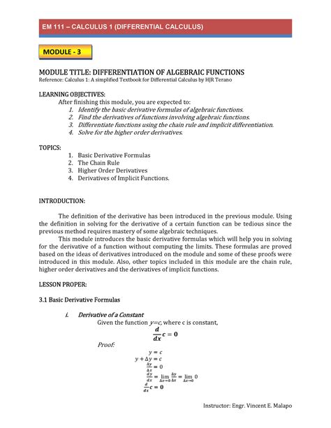 Calculus 1 Module 3 Differentiation Of Algebraic Functions 2 Module
