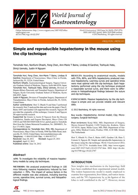 Pdf Simple And Reproducible Hepatectomy In The Mouse Using The Clip