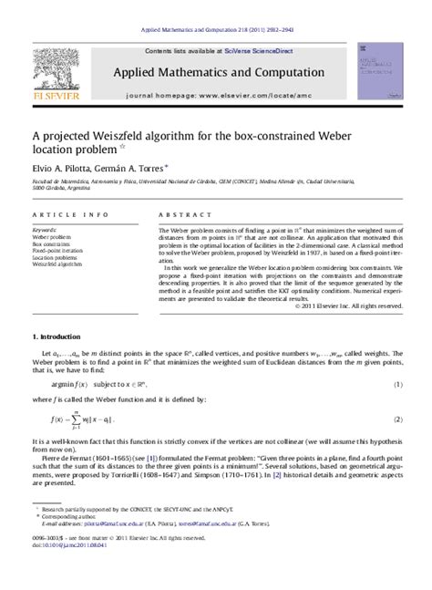 Pdf A Projected Weiszfeld Algorithm For The Box Constrained Weber