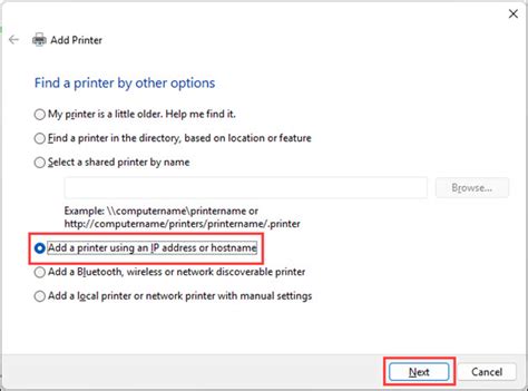 Select Add A Printer Using An Ip Address Or Hostname Then Click Next Outlined In Red
