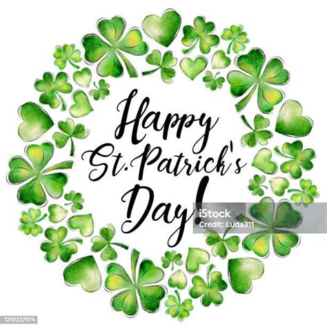 문자와 성 패트릭의 날 인사말 카드 휴일 기호와 수채화 클로버 잎 만다라 흰색 배경에 둥근 프레임 3월에 대한 스톡 벡터 아트