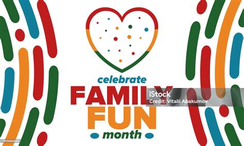 가족 놀이의 달 행복한 여름 휴가 매년 8 월에 축하 여분의 재미와 활동으로 가족을 즐길 수있는 적절한 시간 포스터 인사말 카드 배너 및 배경 벡터 일러스트 레이 션 탤런트