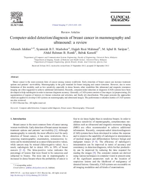 Pdf Computer Aided Detectiondiagnosis Of Breast Cancer In