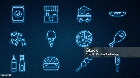 세트 라인 튀긴 소시지 닭 다리 패스트 스트리트 푸드 카트 와플 콘에 아이스크림 사탕 가방 또는 패킷 감자 칩 피자 및 차양