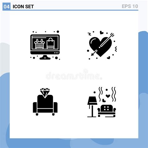 4 Thematic Vector Solid Glyphs And Editable Symbols Of Computer Cinema Online Shopping Heart