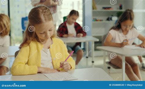Exam In Elementary School Beautiful Blonde Pupil Sits At A First Desk In The Classroom And