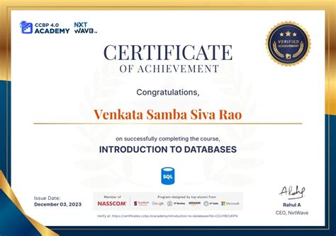 Completed Introduction To Databases Course With Nxtwave Samba Siva Rao Prathi Posted On The