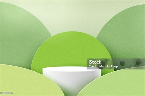 3d 종이 컷 추상 최소 기하학적 모양 템플릿 배경 녹색 자연 산 풍경에 흰색 실린더 연단 벡터 일러스트레이션 3차원 형태에 대한 스톡 벡터 아트 및 기타 이미지 Istock