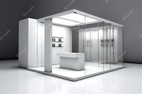 흰색 바탕에 제품 및 서비스를 선보이는 빈 흰색 유리 무역 박람회 엑스포 부스 프리미엄 사진