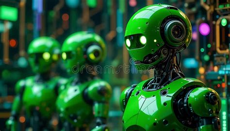 Green Humanoid Robots In A Neon Lit High Tech Environment Ai Robots