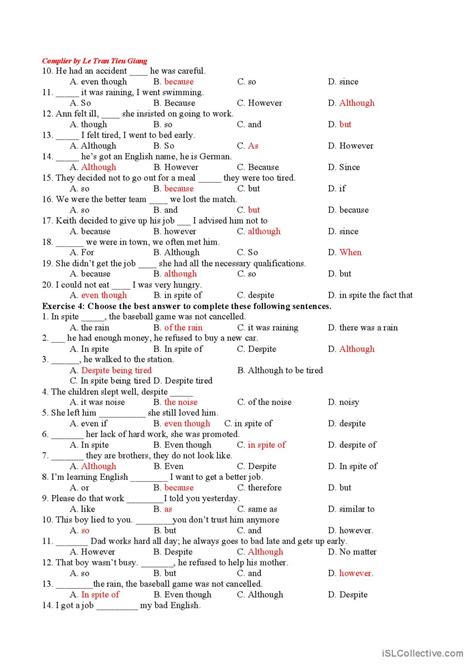 multiple choice of conjunctions english esl worksheets pdf and doc