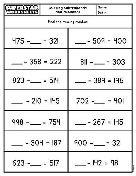 Missing Number Subtraction Worksheets Superstar Worksheets