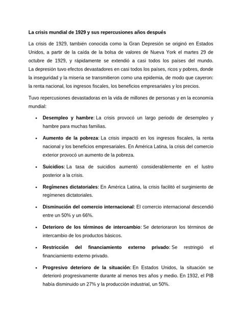 La Crisis Mundial De 1929 Y Sus Repercusiones Años Después Pdf