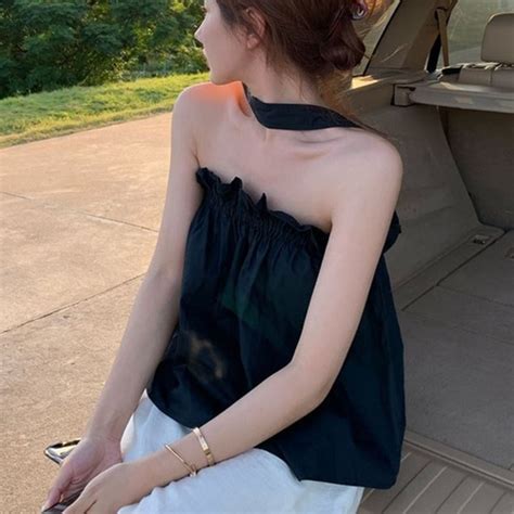당일발송홀터 스트랩 백 펀칭 트임 오프숄더 셔링 프릴 유니크 러블리 휴양지 바캉스룩 비치웨어 여행룩 여름 썸머 플레어 민소매 탑 나하나몰420 에이블리