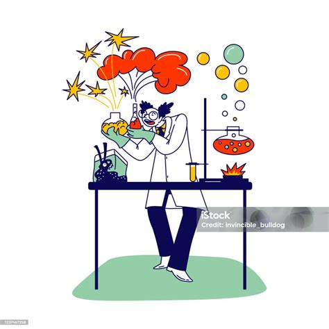 실험실에서 실험을 수행하는 유리 플라스크와 비커와 미친 과학자 캐릭터 장비와 이상한 생물과 실험실에서 비약을 개발 악한 인물 선형 벡터 일러스트레이션 과학자에 대한 스톡
