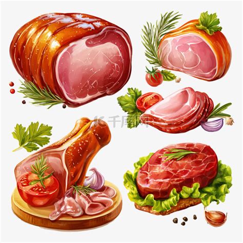 火腿肉食品套装卡通素材图片免费下载 千库网