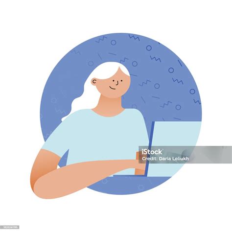원 모양으로 일하는 행복 한 여자입니다 현대 평면 벡터 일러스트 레이 션입니다 랩톱 원격 근무 소셜 미디어 템플릿 개념에 대한 스톡 벡터 아트 및 기타 이미지 Istock