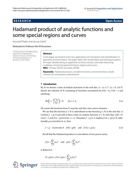 Pdf Access Hadamard Product Of Analytic Functions And Some Special
