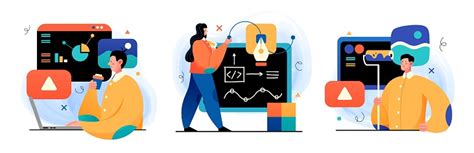 디자인 및 개발 일러스트레이션 회사 사무실에서 일하는 프로그래머 및 디자이너와 함께 컨셉 일러스트레이션 컬렉션 웹 디자인 배너 모바일 앱 방문 페이지에 적합합니다 벡터