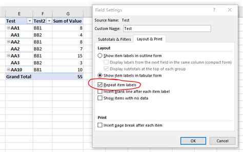 in excel 365 is there a way to repeat labels in a pivot table