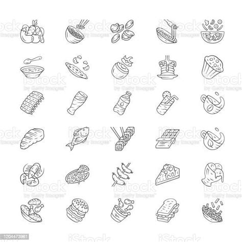 메뉴 요리 선형 아이콘 세트 샐러드 첫 번째 식사 메인 요리 햄버거 음료 디저트 패스트 푸드 레스토랑 식사 가는 선 윤곽심 격리된 벡터 개요 그림입니다 편집 가능한 스트로크