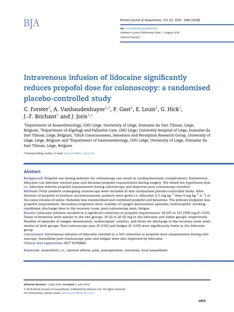 Intravenous Infusion Of Lidocaine Reduces Propofol Pdf Anesthesia Midazolam