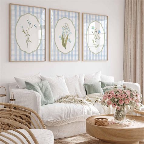 Cottagecore Floral Print Set Light Blue Gingham Botanical Art