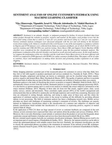 Pdf Sentiment Analysis Of Online Customers Feedback Using Machine Learning Classifier