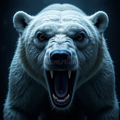 Angry Polar Bear In Darkness Front View Big White Polar Bear Looking
