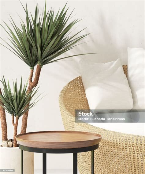 갈색 나무 둥근 받침대 사이드 테이블 연단 등나무 라운지 안락의자 데이 베드의 강철 다리 흰색 시멘트 벽에 햇빛이 비치는 드라세나 사이드 테이블에 대한 스톡 사진 및 기타