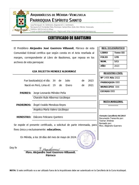 Certificado De Bautismo En Venezuela Pdf Sacramentos