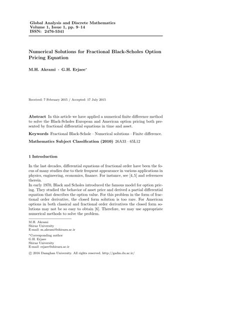 Pdf Numerical Solutions For Fractional Black Scholes Option Pricing Equation