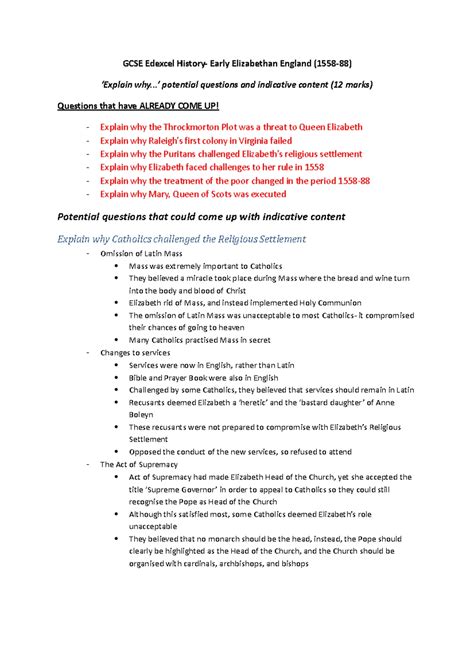 Paper 2 Elizabeth Exam Question Bank Edexcel History 9 1 A Round Up Of All Published