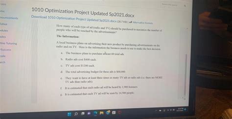 Solved 1010 Optimization Project Updated Sp2021docx