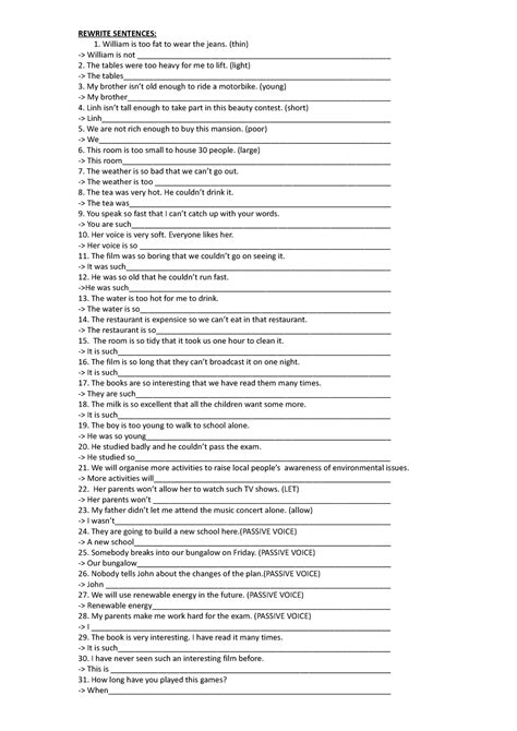 Rewrite Sentences No Information REWRITE SENTENCES William Is Too Fat To Wear The Jeans