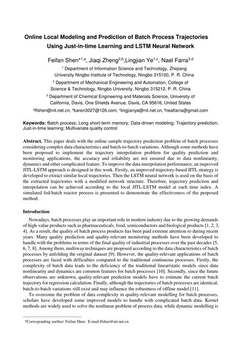 Pdf Online Local Modeling And Prediction Of Batch Process Trajectories Using Just In Time
