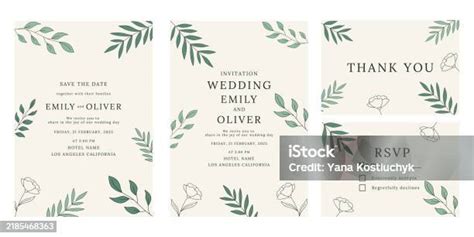 나뭇잎과 꽃이 있는 결혼식 초대장 템플릿입니다 감사 인사 및 Rsvp 카드 벡터 일러스트 레이 션 개체 그룹에 대한 스톡 벡터 아트 및 기타 이미지 Istock