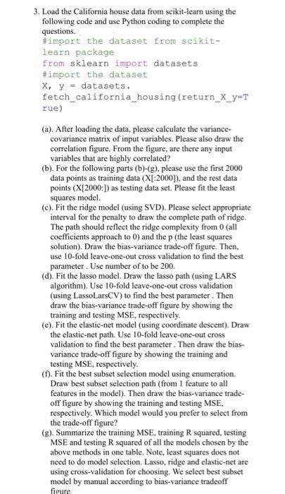 Solved Load The California House Data From Scikit Learn Chegg