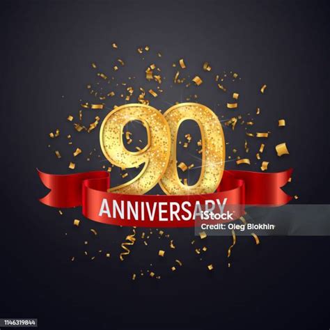어두운 배경에 90 년 기념일 템플릿 90 빨간색 리본 벡터와 색종이 고립 된 디자인 요소와 황금 숫자를 축 하 90에 대한 스톡 벡터 아트 및 기타 이미지 Istock