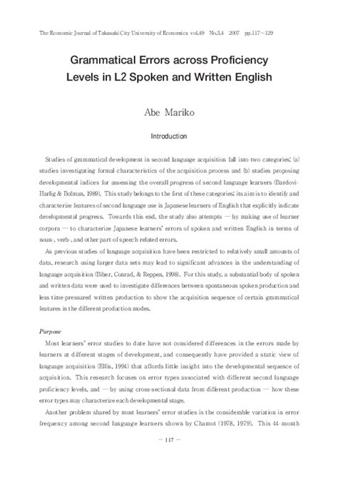 Pdf Grammatical Errors Across Proficiency Levels In L2 Spoken And Written English