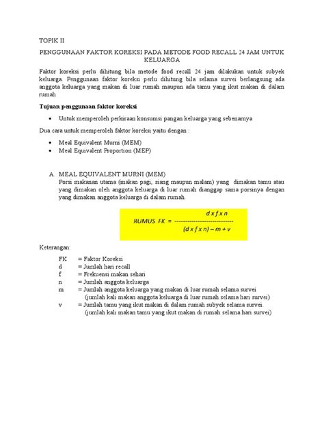 Topik Ii Penggunaan Faktor Koreksi Pada Metode Food Recall 24 Jam Untuk