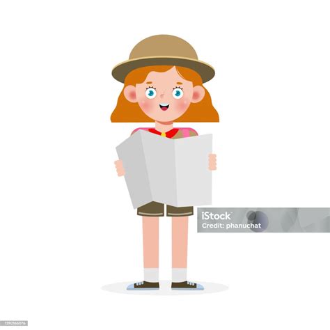 행복한 귀여운 작은 아이 착용 소년 스카우트 명예 유니폼 어린이 소녀 스카우트 만화 플랫 캐릭터 고립 된 벡터 일러스트 레이 션 흰색 배경에 감시에 대한 스톡 벡터 아트 및