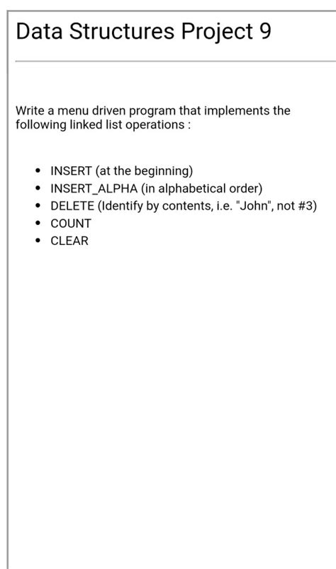 solved data structures project 9 write a menu driven program