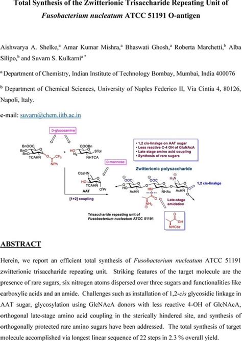 Total Synthesis Of The Zwitterionic Trisaccharide Repeating Unit Of Fusobacterium Nucleatum Atcc