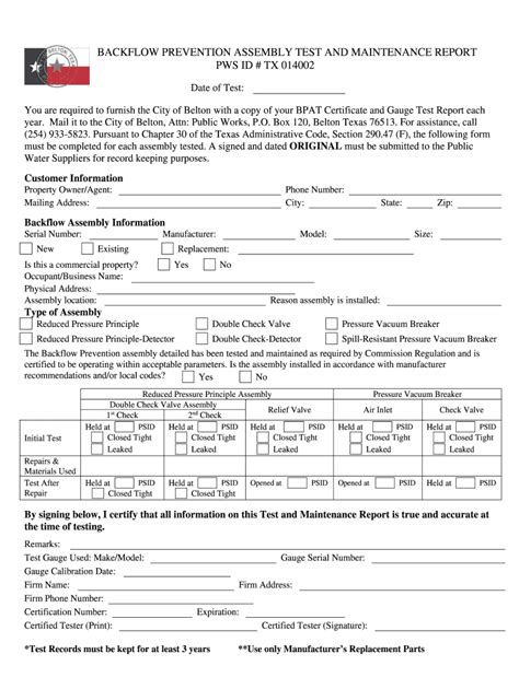 Fillable Online Backflow Prevention Assembly Report Beltontexasgov Fax Email Print Pdffiller