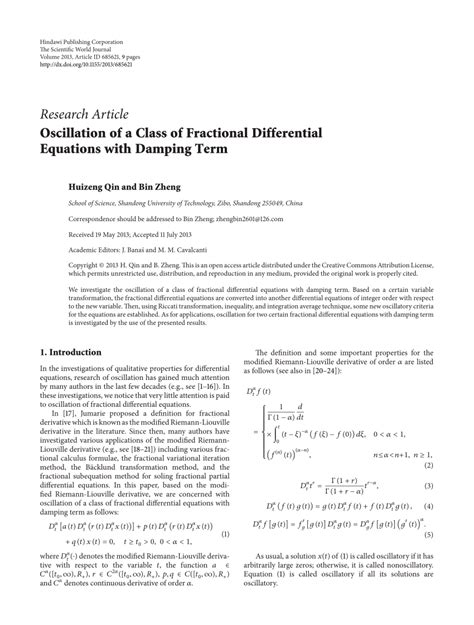 Pdf Oscillation Of A Class Of Fractional Differential Equations With Damping Term