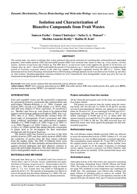 Pdf Isolation And Characterization Of Bioactive Compounds From Fruit